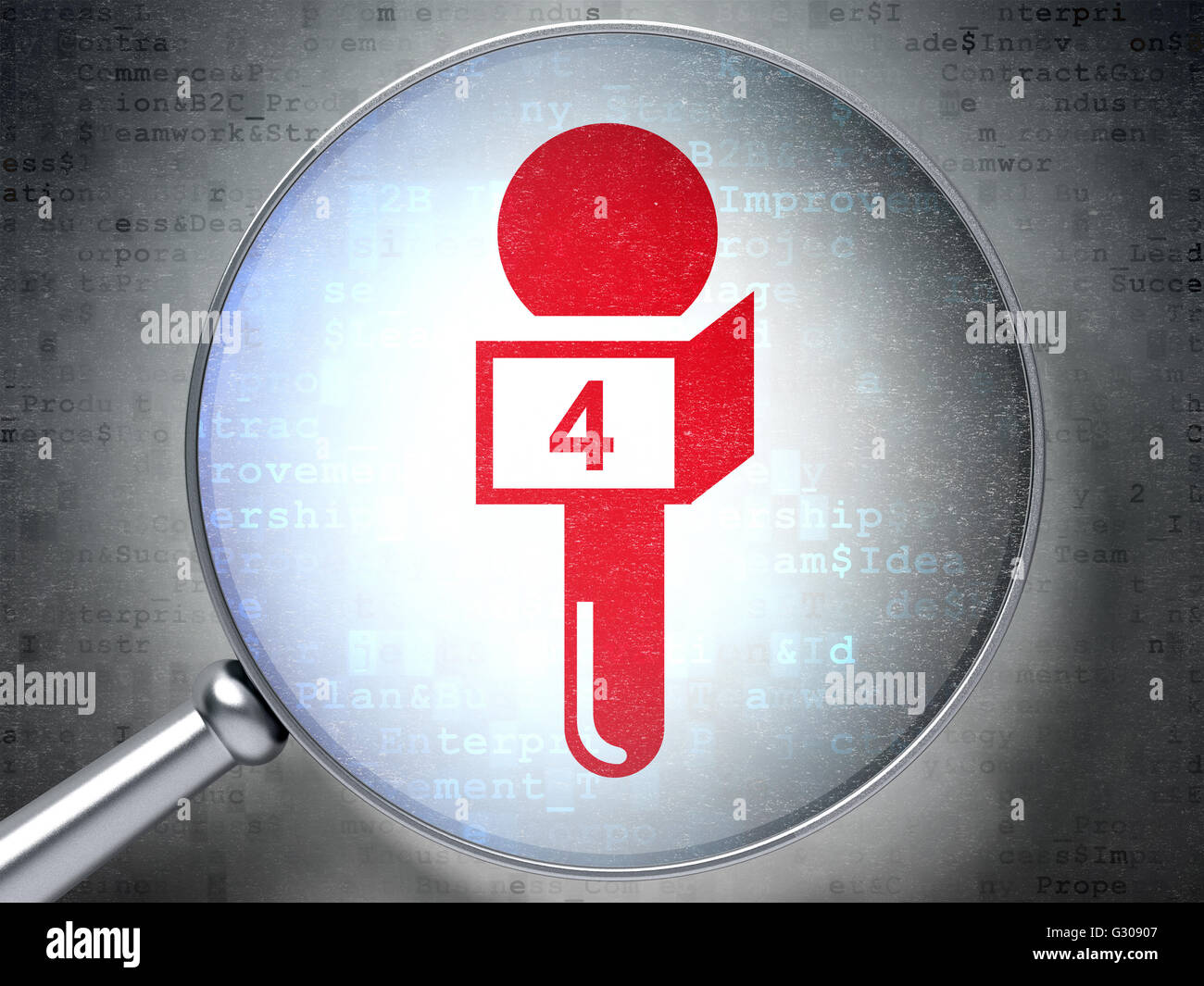 News concept: Microphone with optical glass on digital background Stock ...