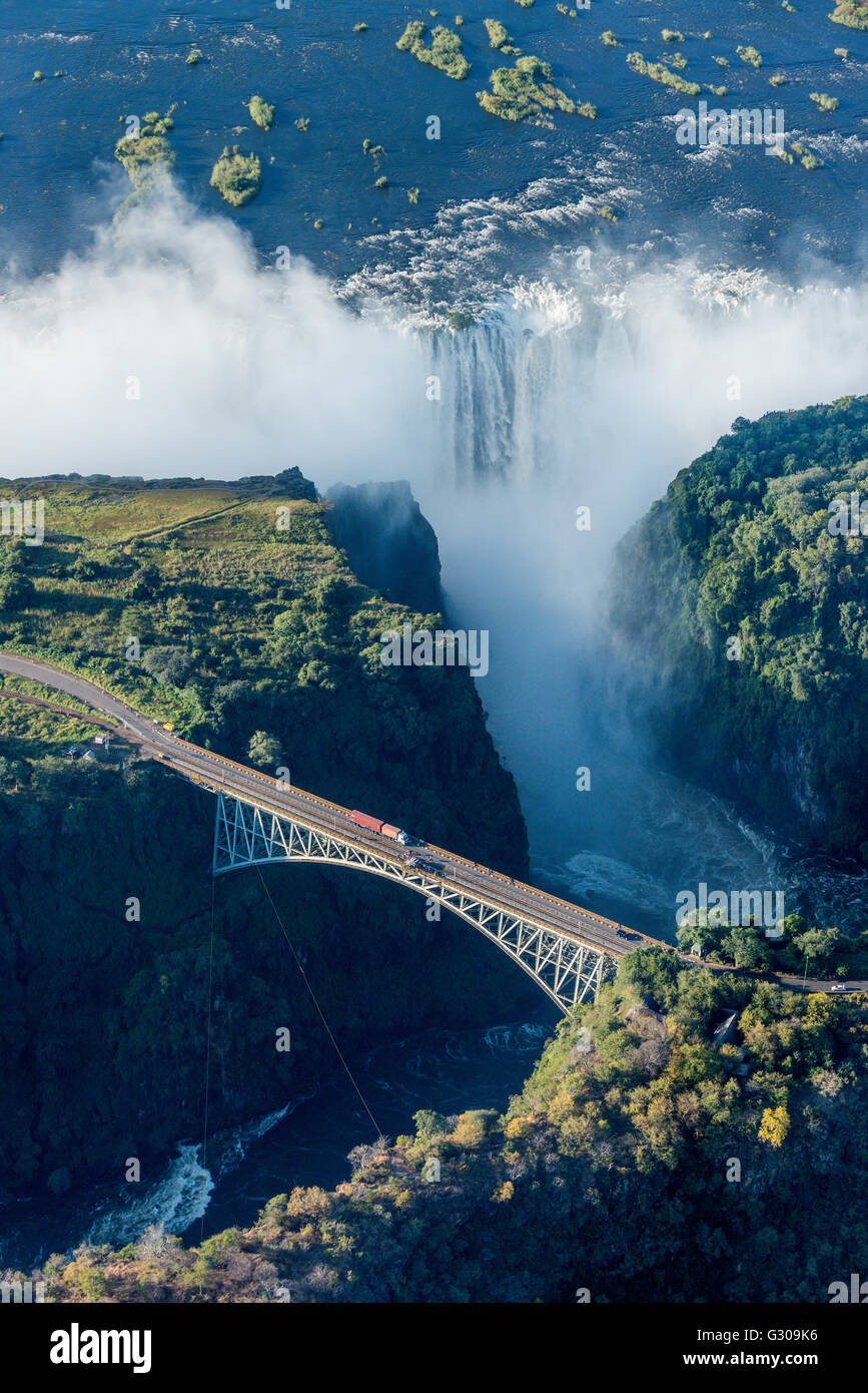 Aerial view of Victoria Falls behind bridge Stock Photo - Alamy