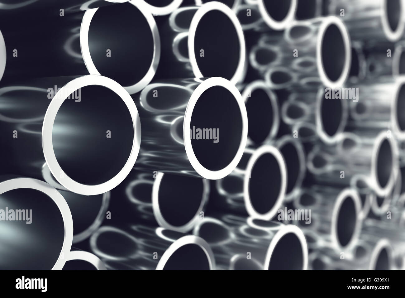 Heap of shiny metal steel pipes with selective focus effect. 3d ...