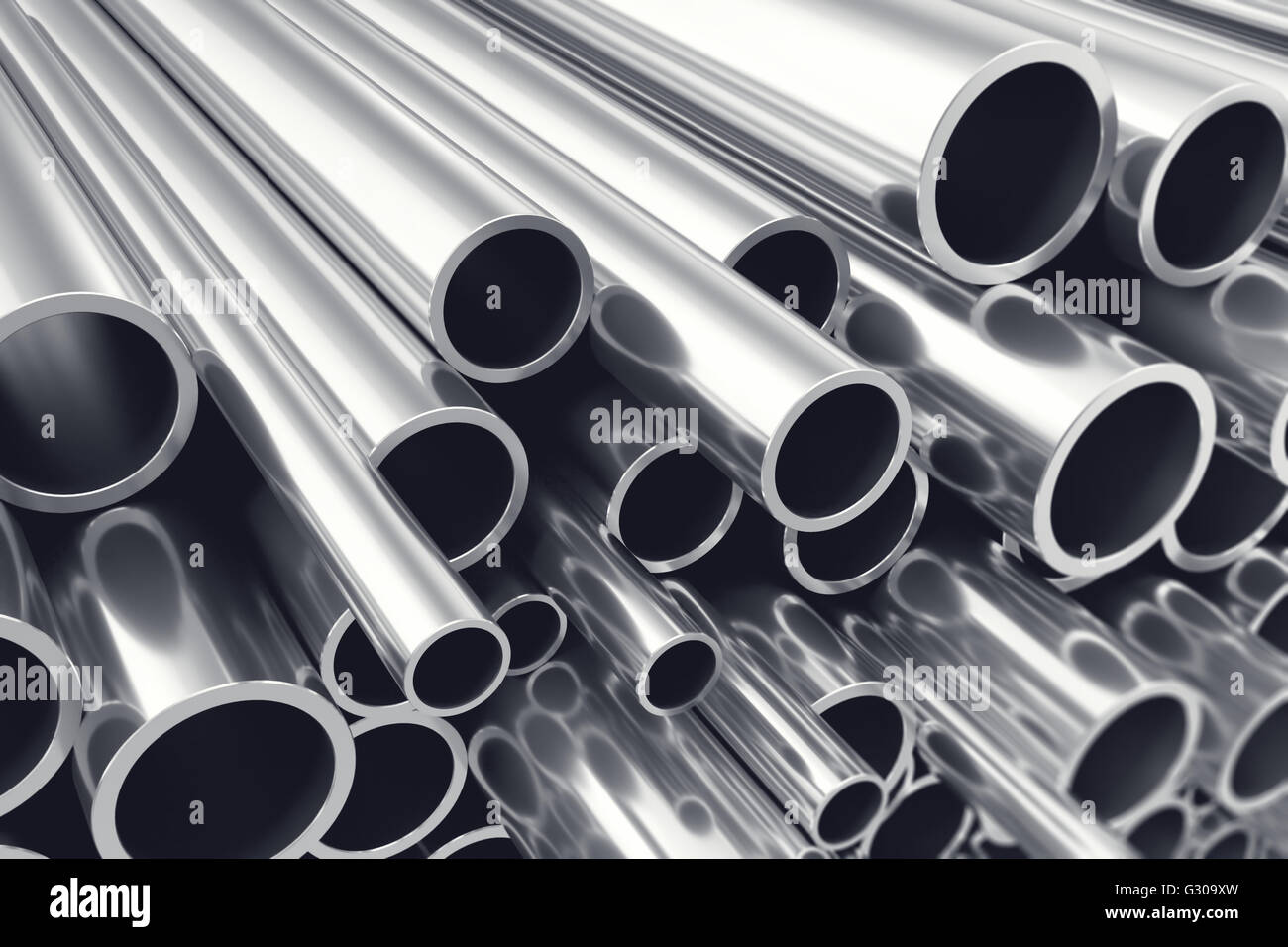 Heap of shiny metal steel pipes with selective focus effect. 3d ...
