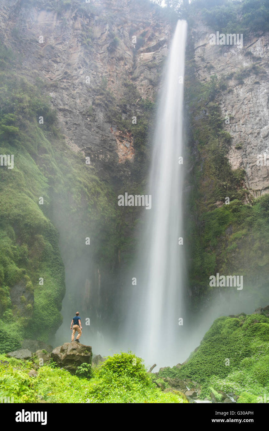Tourist at 120m Sipisopiso Waterfall, Lake Toba (Danau Toba), North ...
