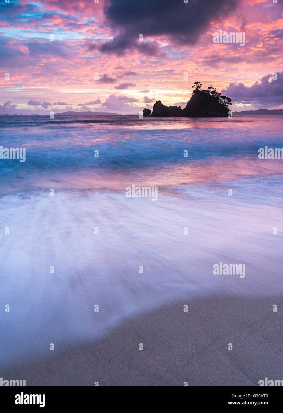 Pungapunga Island at Whangapoua Beach at sunrise, Coromandel Peninsula ...