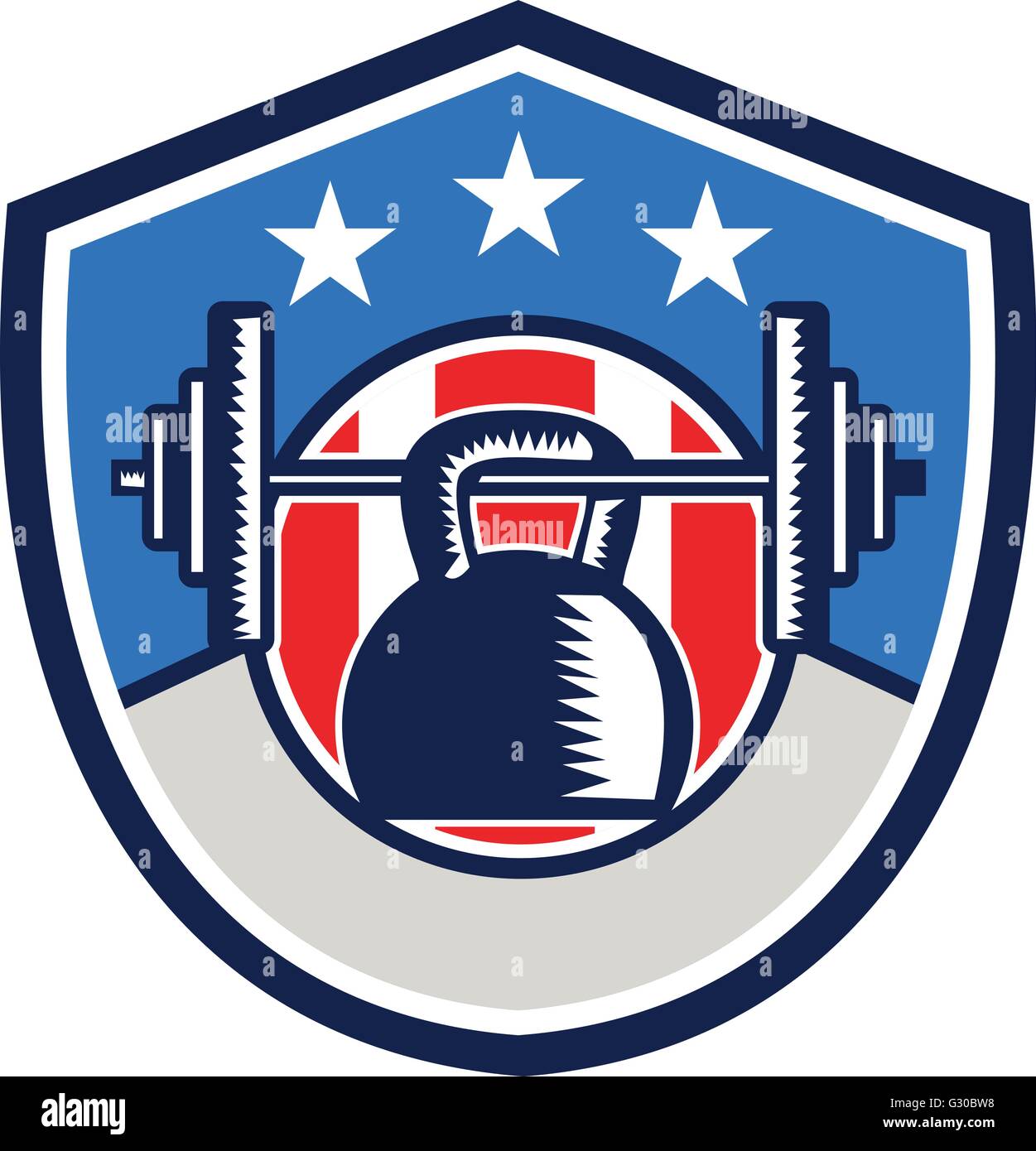 Illustration of a kettlebell hanging on a barbell set inside shield ...