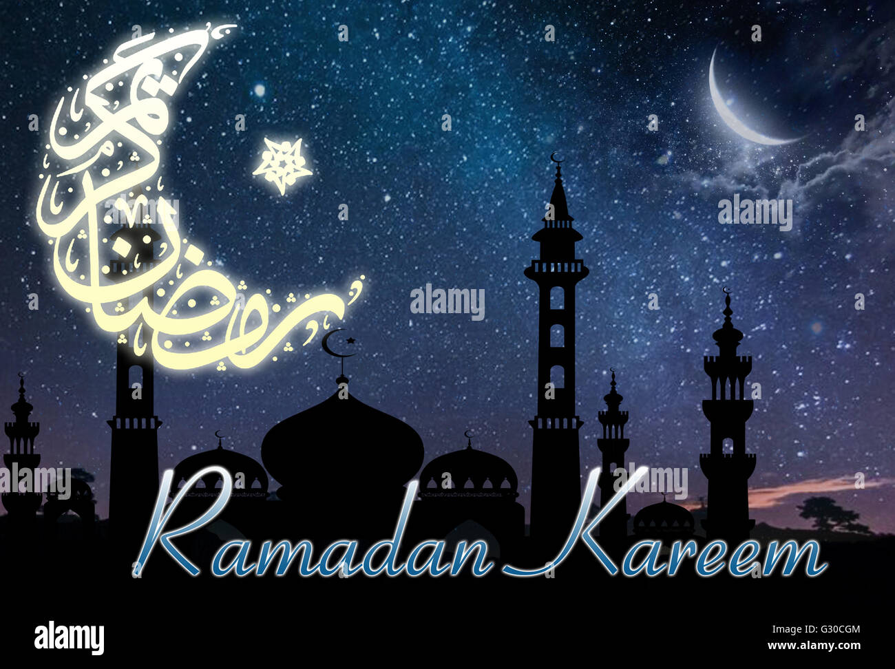 Dark blue sky with stars and moon, and a shadow of Masjid for Ramadan ...