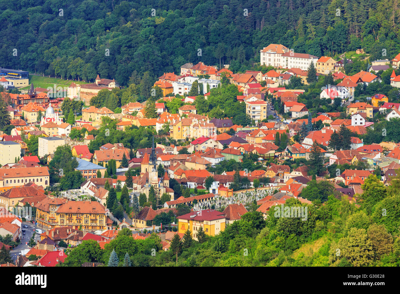 Aerial view of the Old Town, Brasov, Transylvania, Romania Stock Photo ...
