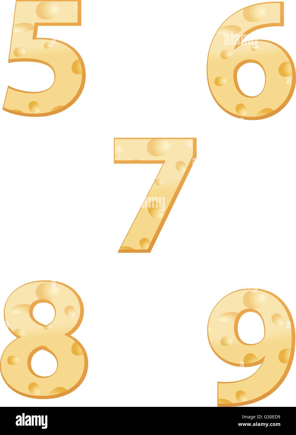 Cheese number 5 to 9 on a white background. Vector illustration Stock ...