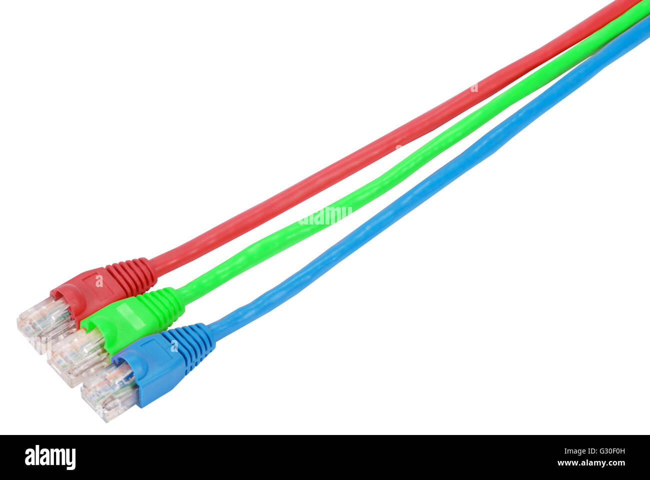 RGB. Macro close-up RJ45 network plugs red blue and green isolated 0n ...