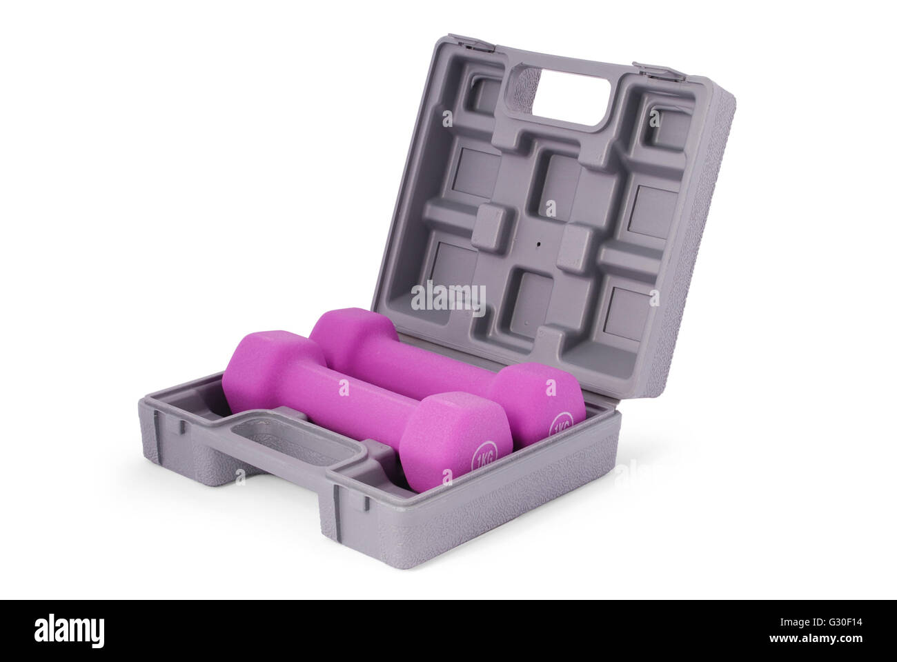 pink dumbbells in box. Isolated on white background with soft shadow ...