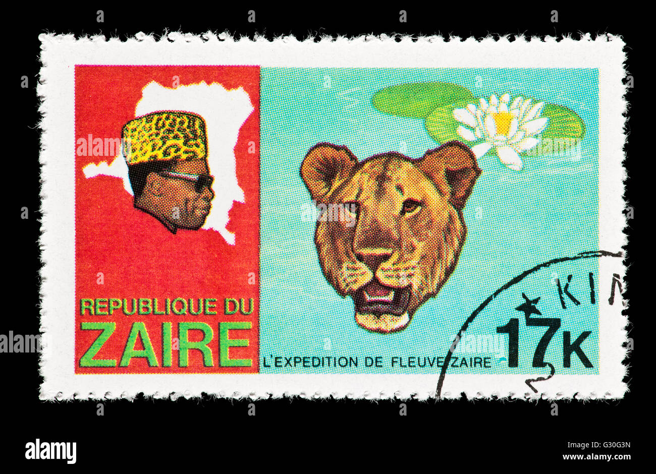 Postage stamp from Zaire depicting a leopard's head and Victoria Regia ...