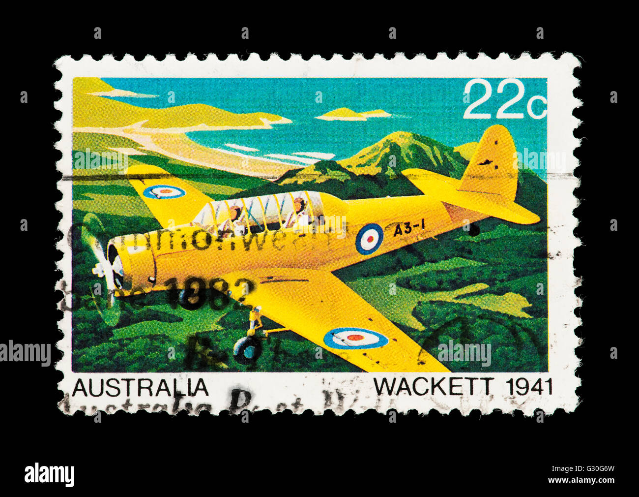 Postage stamp from Australia depicting a CAC Wackett airplane ...