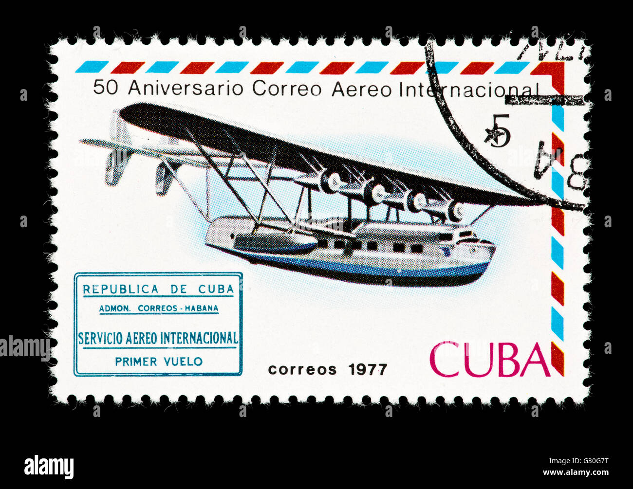 Postage stamp from Cuba depicting a flying boat, 50th anniversary of ...