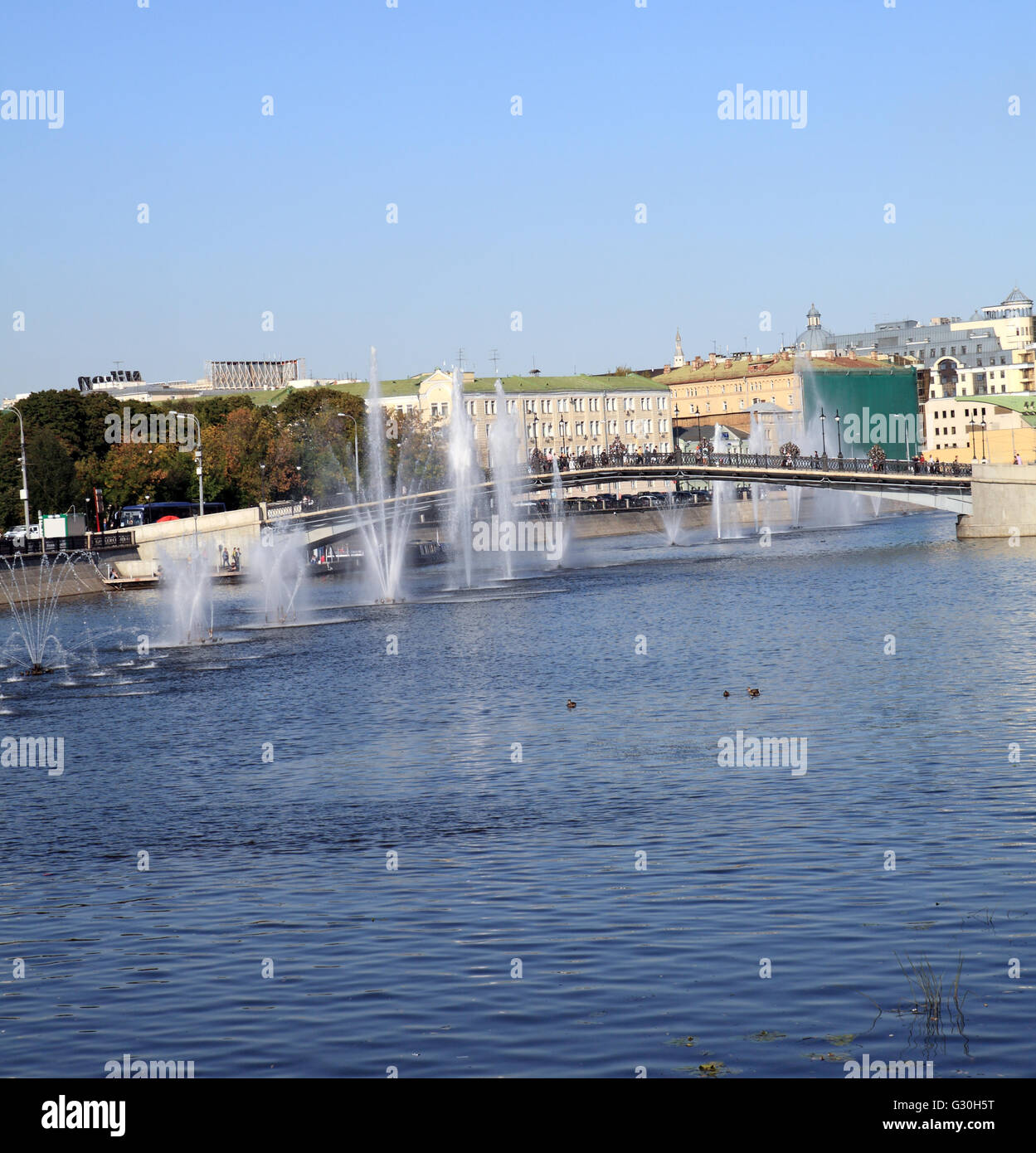 many fountain on river Stock Photo - Alamy