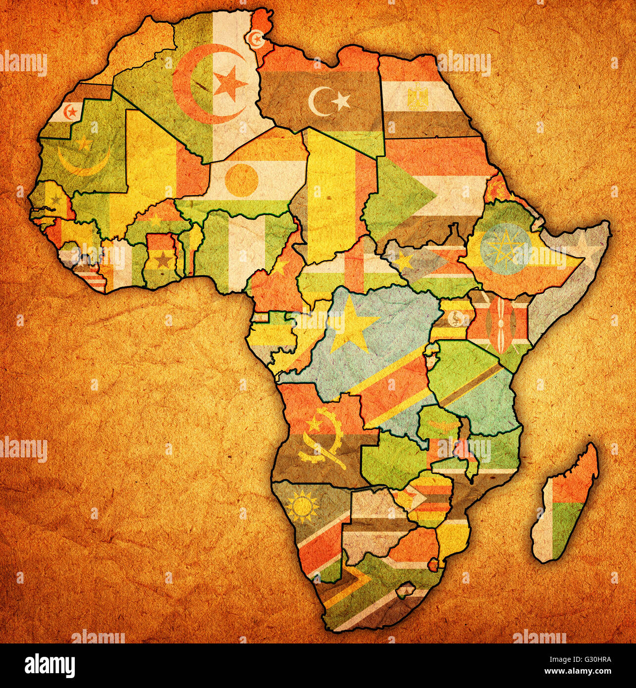 african union on actual vintage political map of africa with flags ...