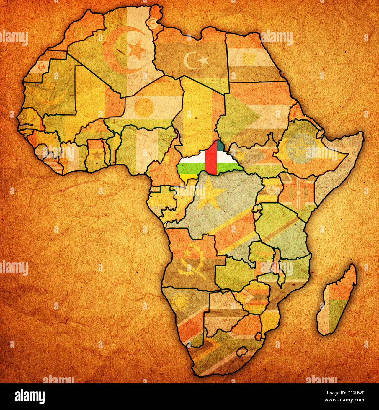 central african republic on actual vintage political map of africa with ...