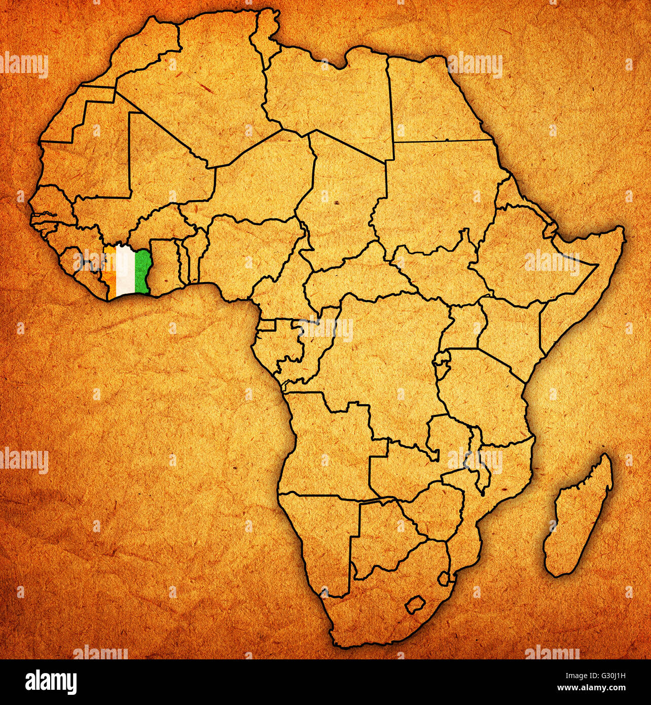ivory coast on actual vintage political map of africa with flags Stock ...