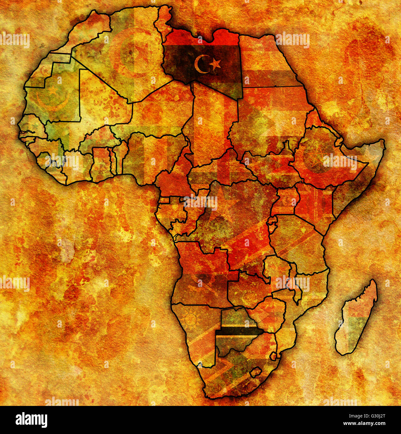 libya on actual vintage political map of africa with flags Stock Photo ...