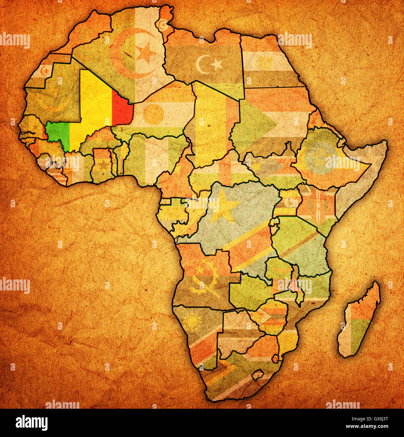 mali on actual vintage political map of africa with flags Stock Photo ...