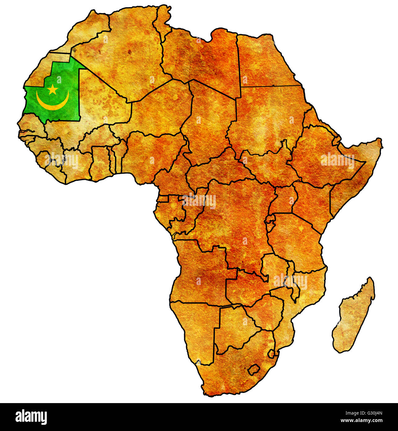 mauritania on actual vintage political map of africa with flags Stock ...