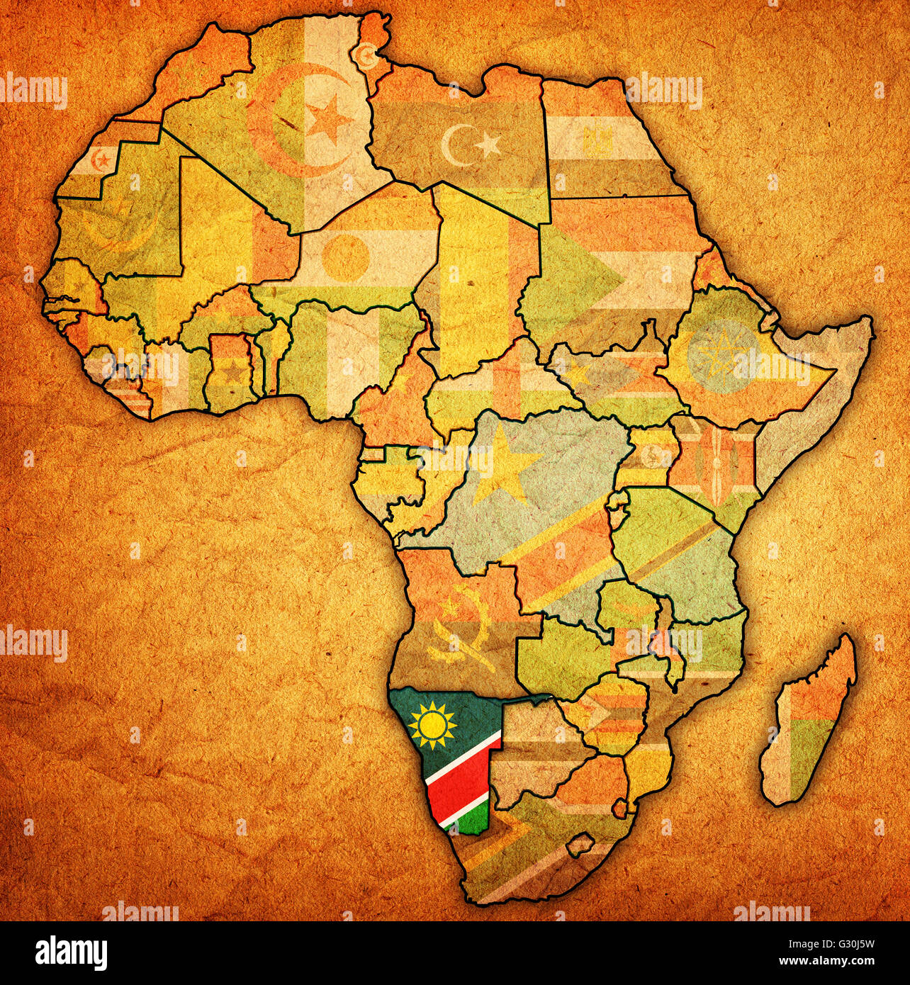 namibia on actual vintage political map of africa with flags Stock ...