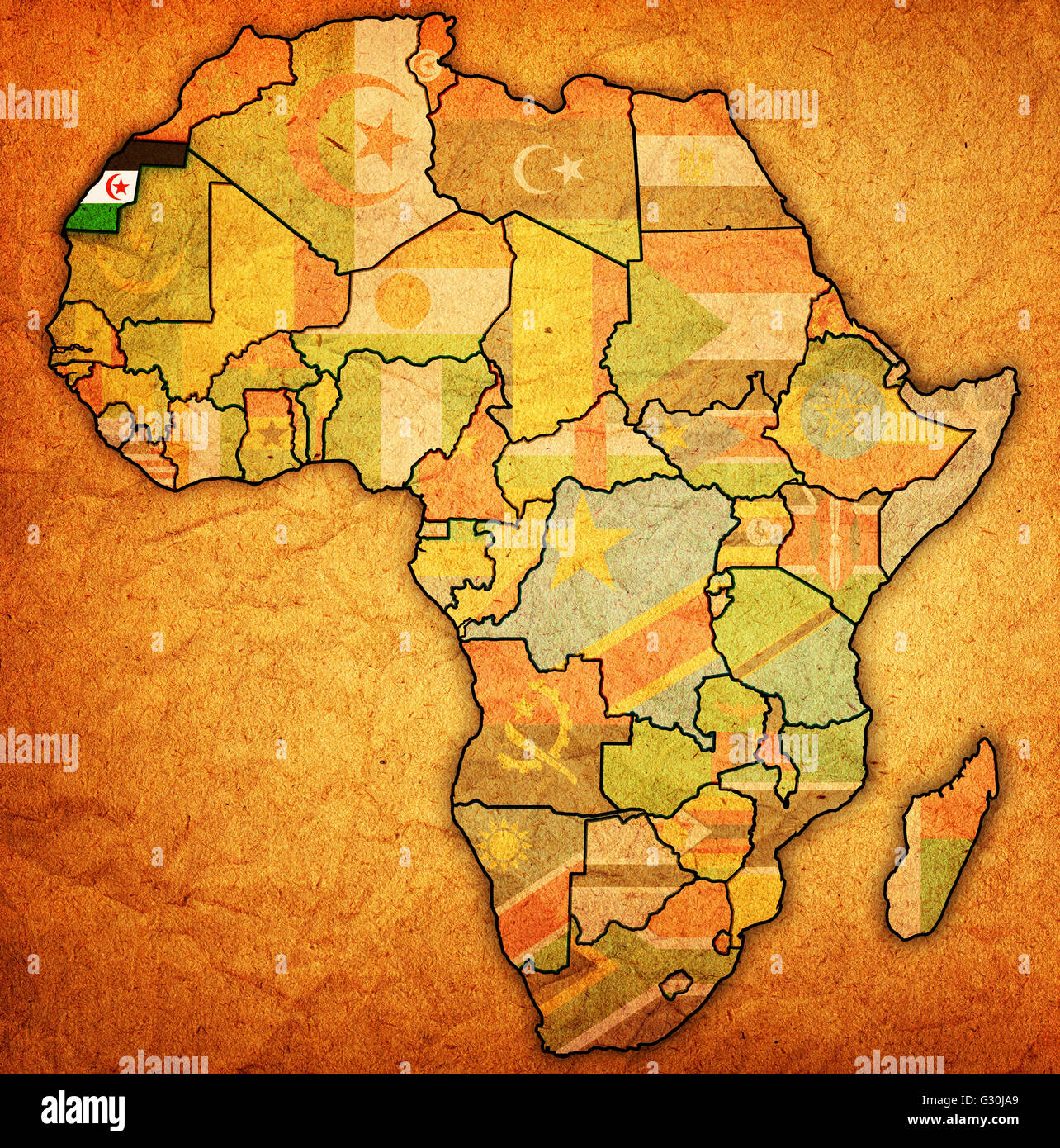 western sahara on actual vintage political map of africa with flags ...