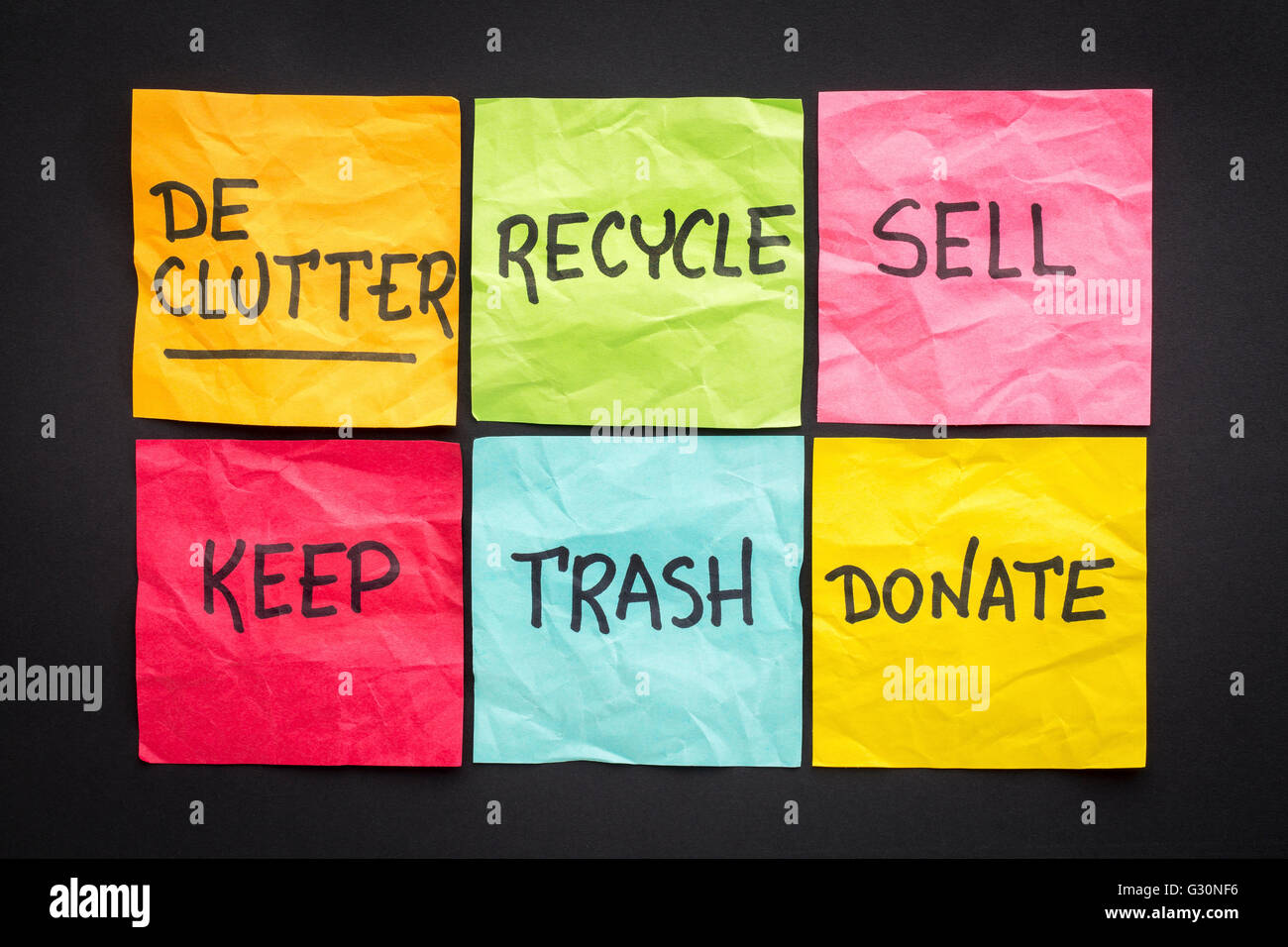 declutter concept (keep, recycle, trash, sell, donate - handwriting on ...