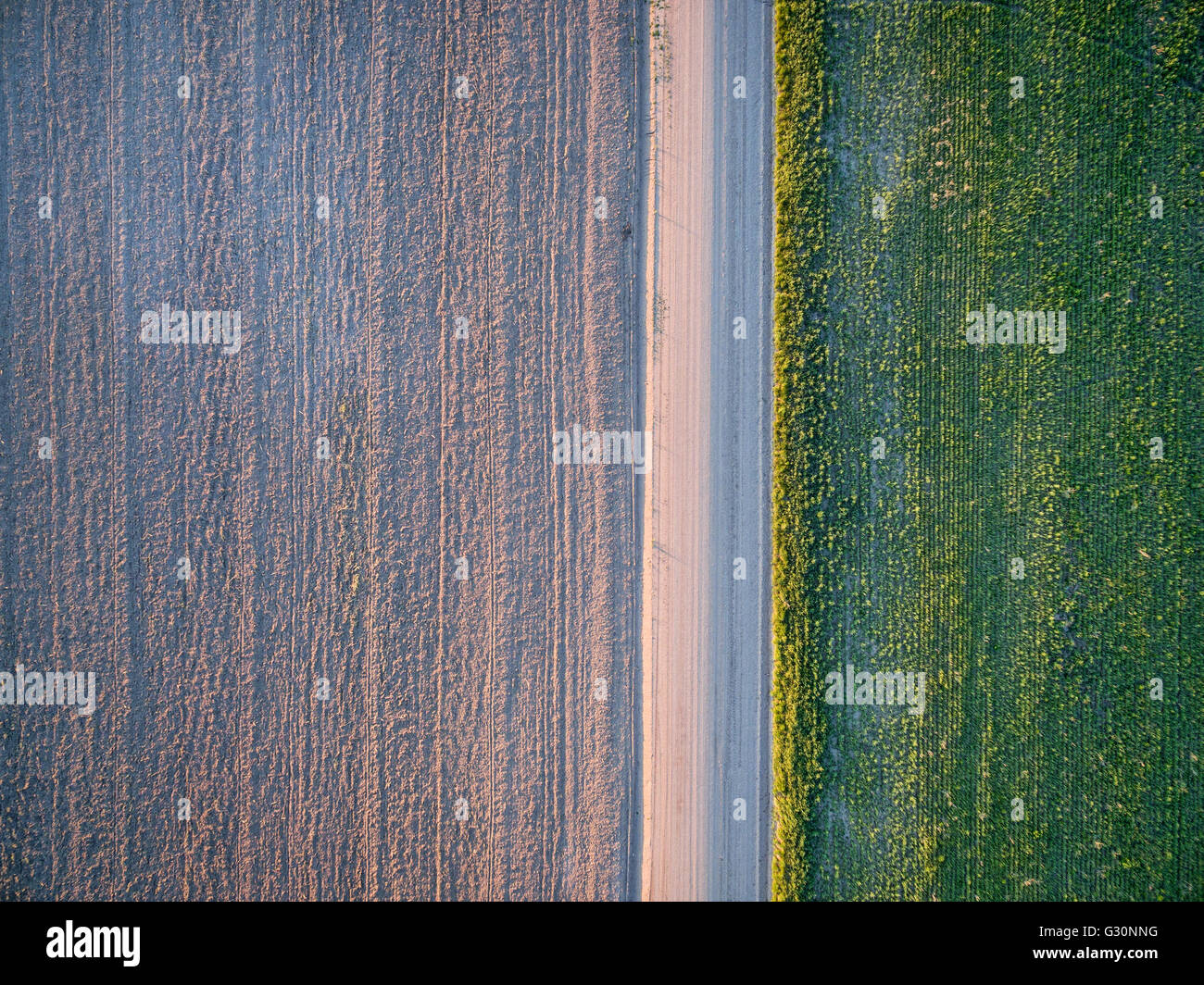dirt road, plowed field and meadow - aerial view - Pawnee National ...