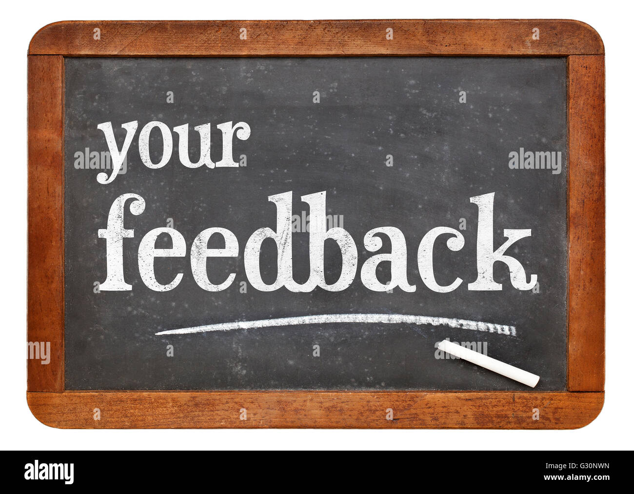 your feedback sign - white chalk text on a vintage slate blackboard ...