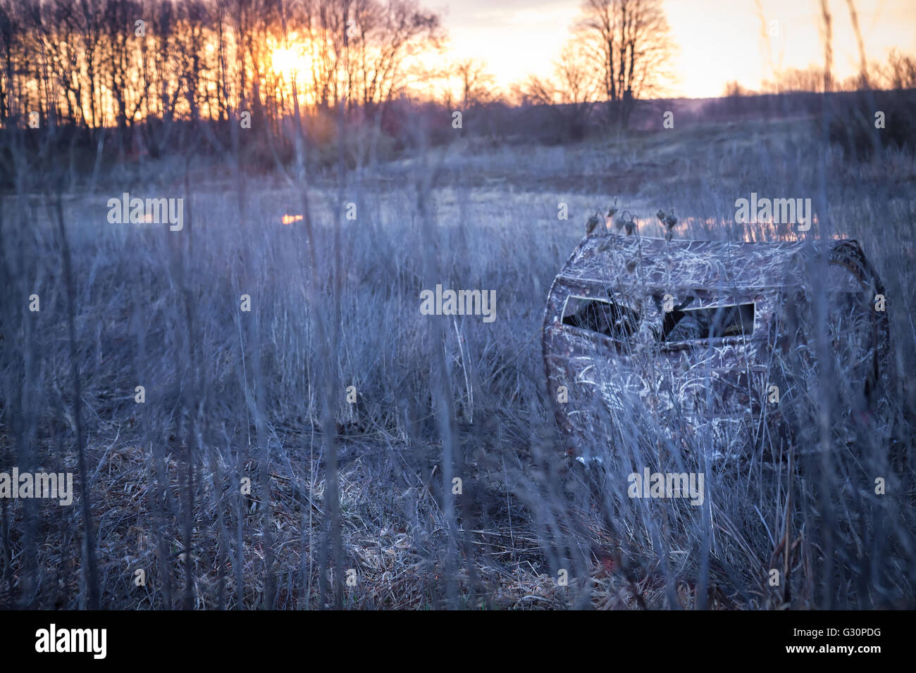 Hunting season in frosty morning in rural field with hunting tent and ...