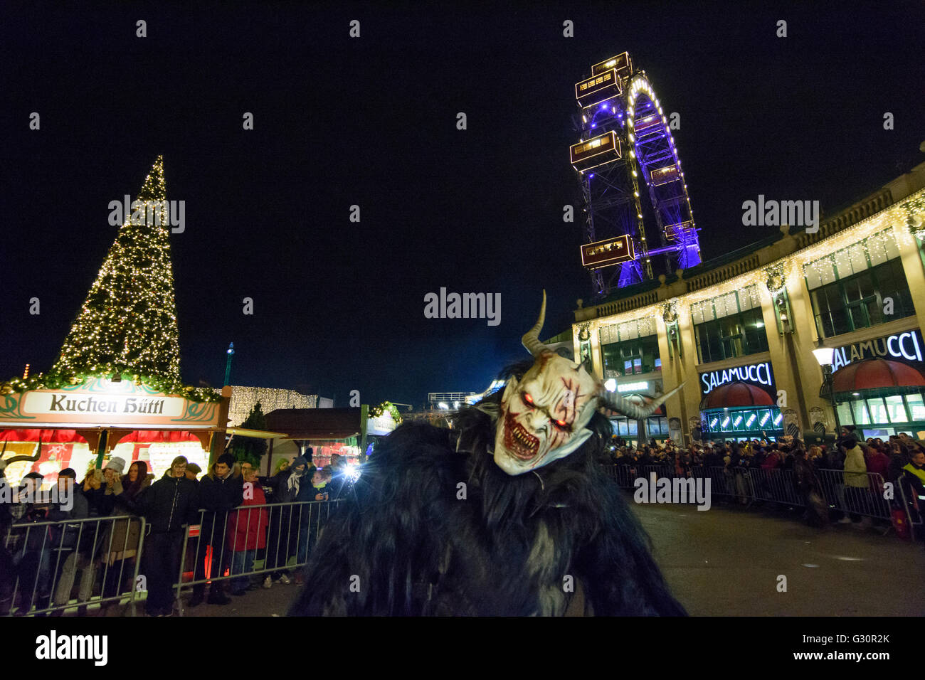 mask procession Perchtenlauf with Krampus in the Prater in front of a ...
