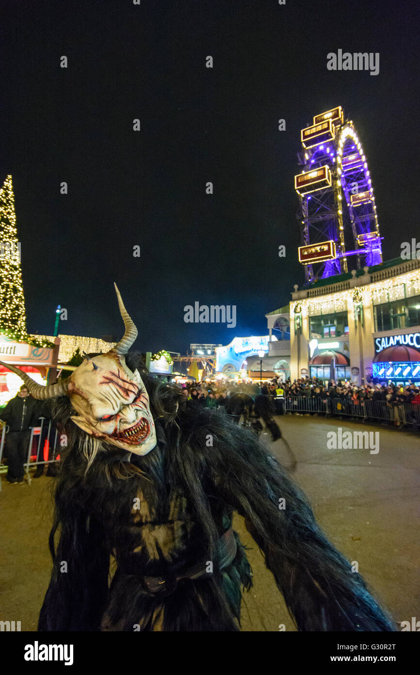mask procession Perchtenlauf with Krampus in the Prater in front of a ...