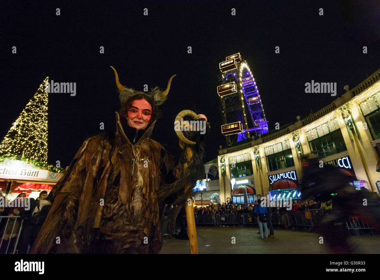 mask procession Perchtenlauf with Krampus in the Prater in front of a ...