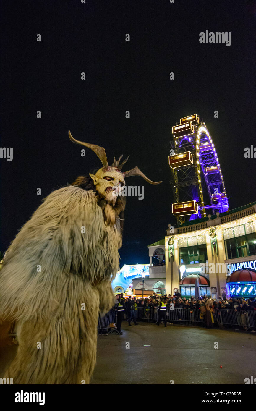 mask procession Perchtenlauf with Krampus in the Prater in front of a ...
