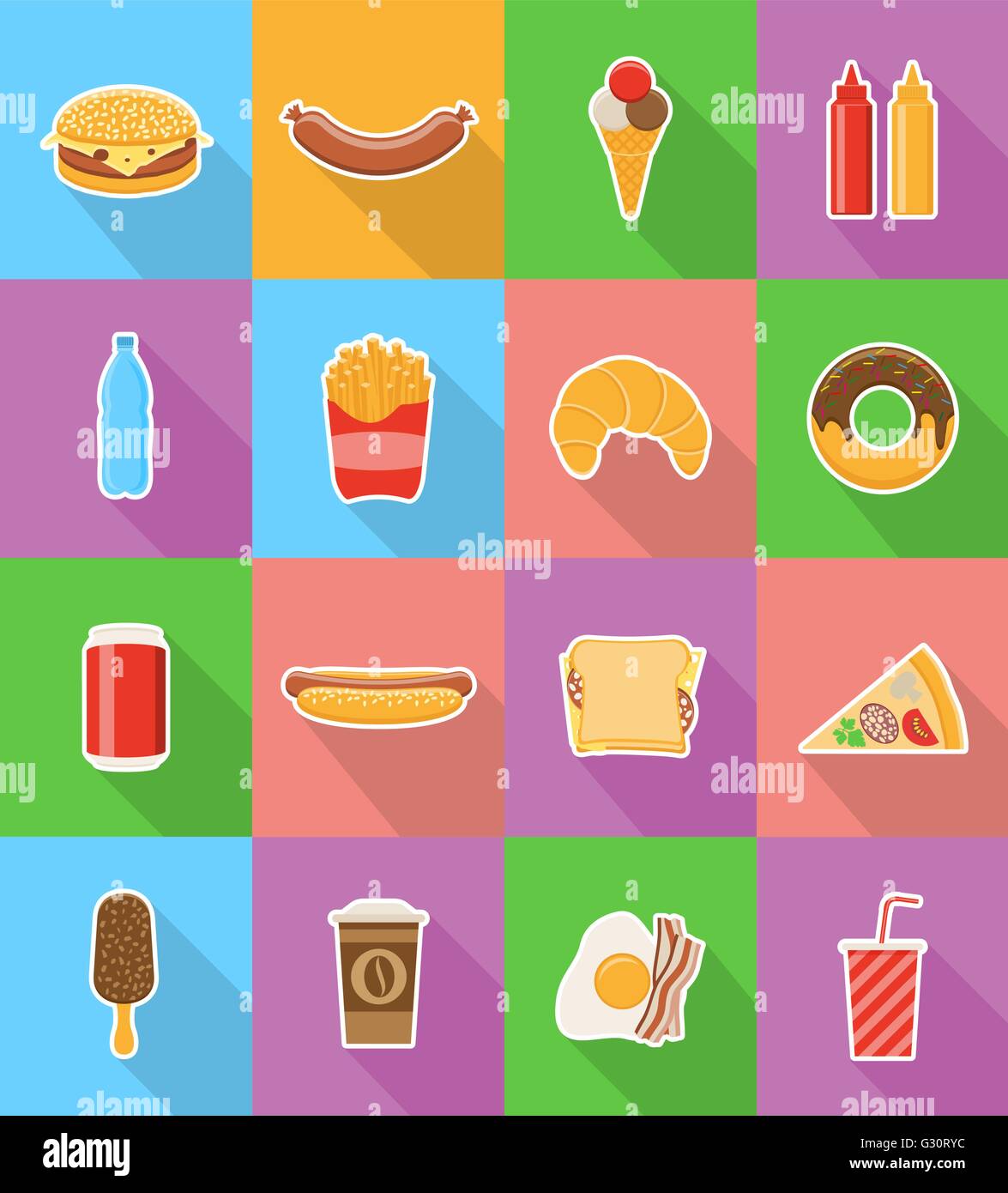 fast food flat icons with the shadow vector illustration isolated on ...