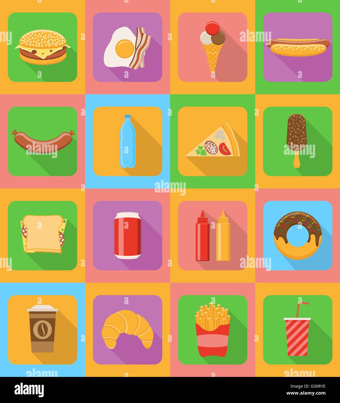 fast food flat icons with the shadow vector illustration isolated on ...