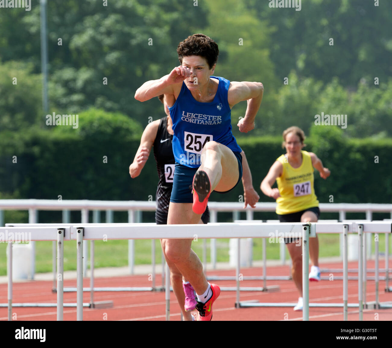 Masters athletics UK. Women`s sprint hurdles Stock Photo - Alamy