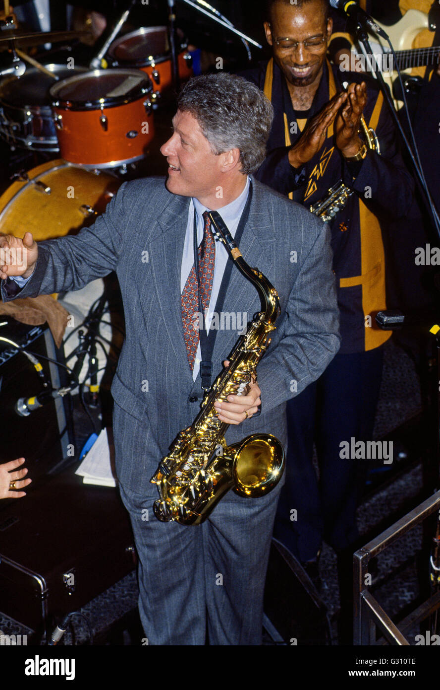 Washington, DC., USA, Governor William Clinton plays the saxophone at ...