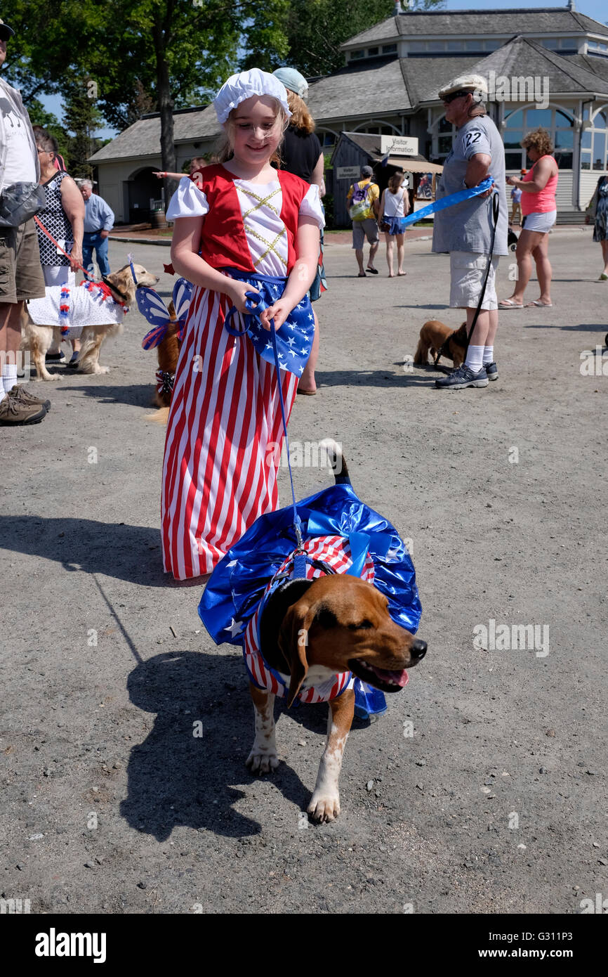 Little Girl dressed as Betsy Ross with her dog at Costumed Dog Parade ...