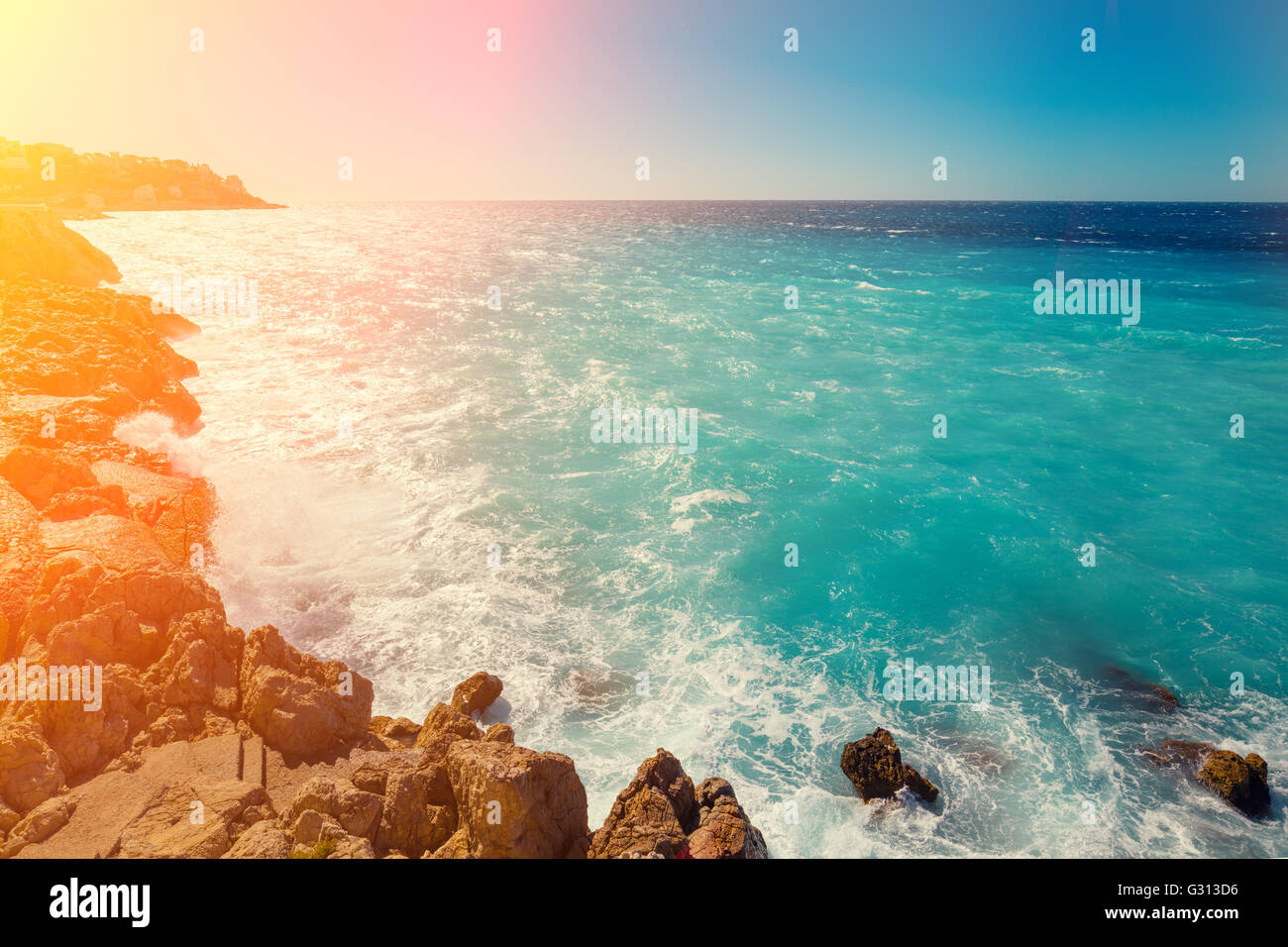 Rocky seashore. Cote d'Azur. French Riviera, Nice, France Stock Photo ...
