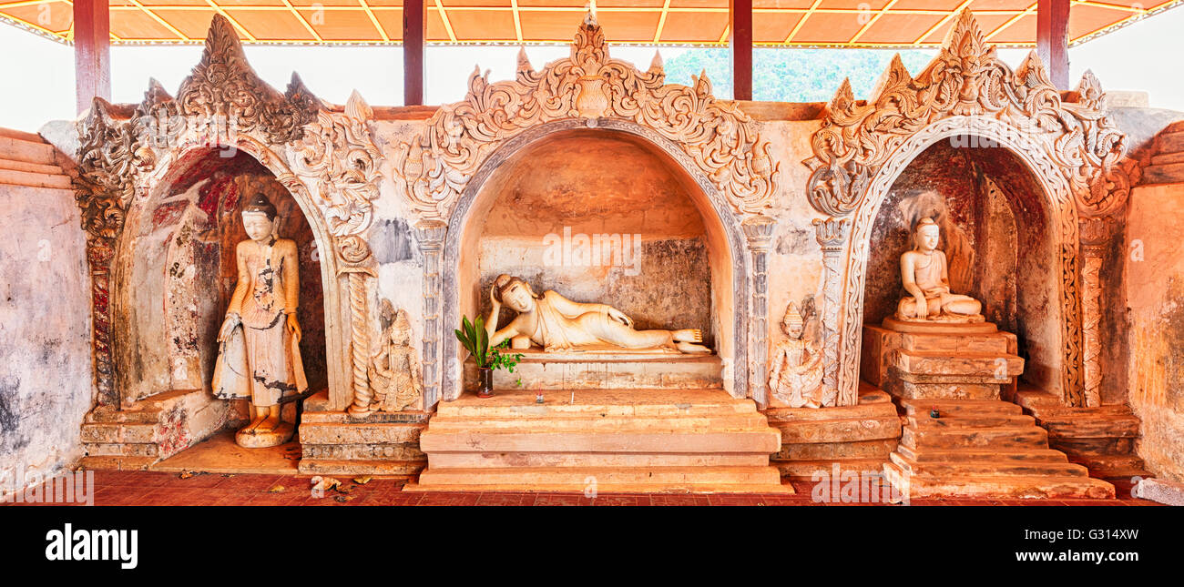 Three Buddha statues at Takhaung Mwetaw pagoda in Sankar. Myanmar Stock ...