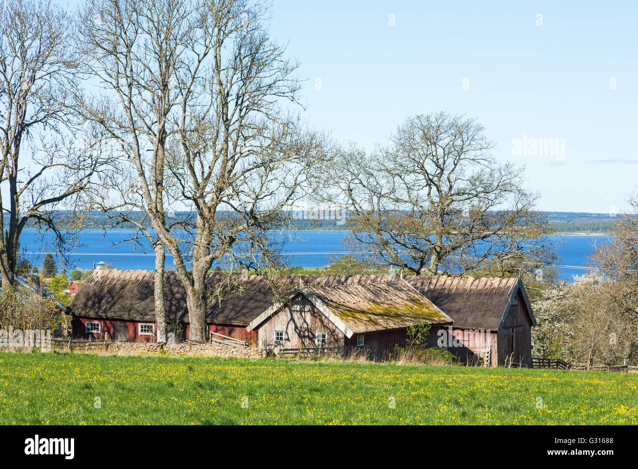 Old farm in rural landscape with a lake Stock Photo - Alamy