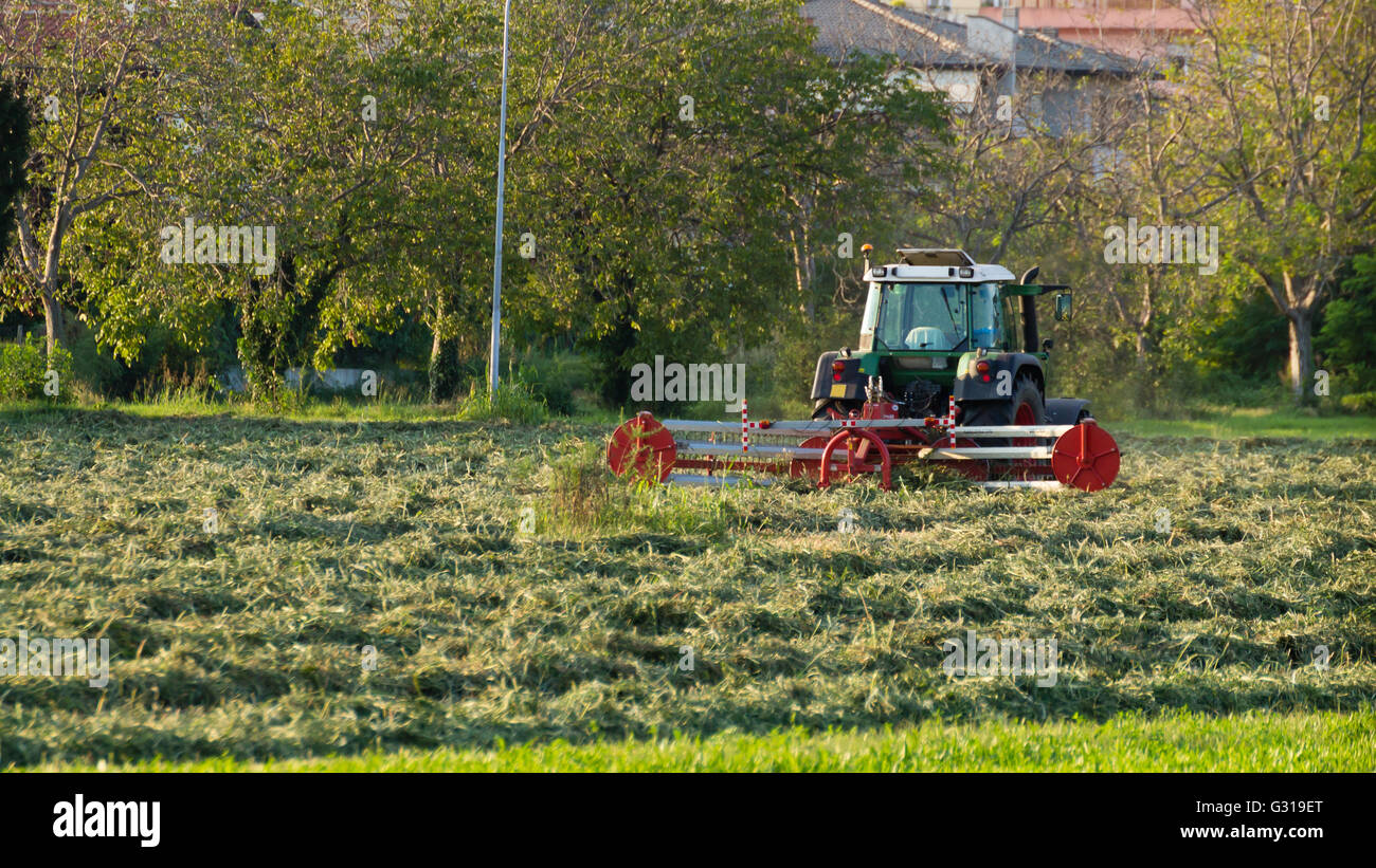 Close up of a tractor working on a field, cutting hay, autumn, rural ...