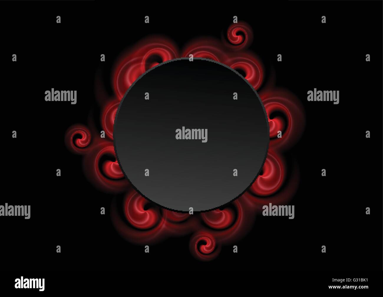 Abstract red swirl shapes and black circle. Vector graphic background ...