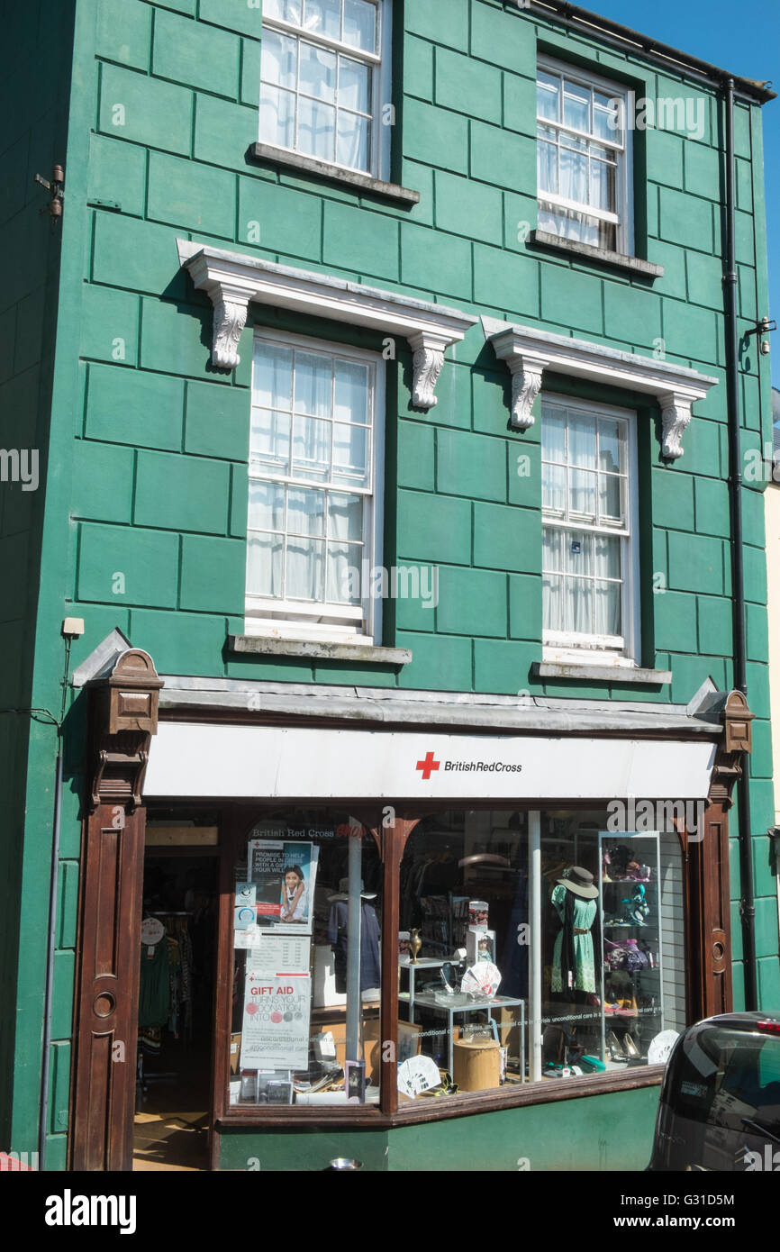Colourful facade wall at British Red Cross charity shop in Narbeth ...