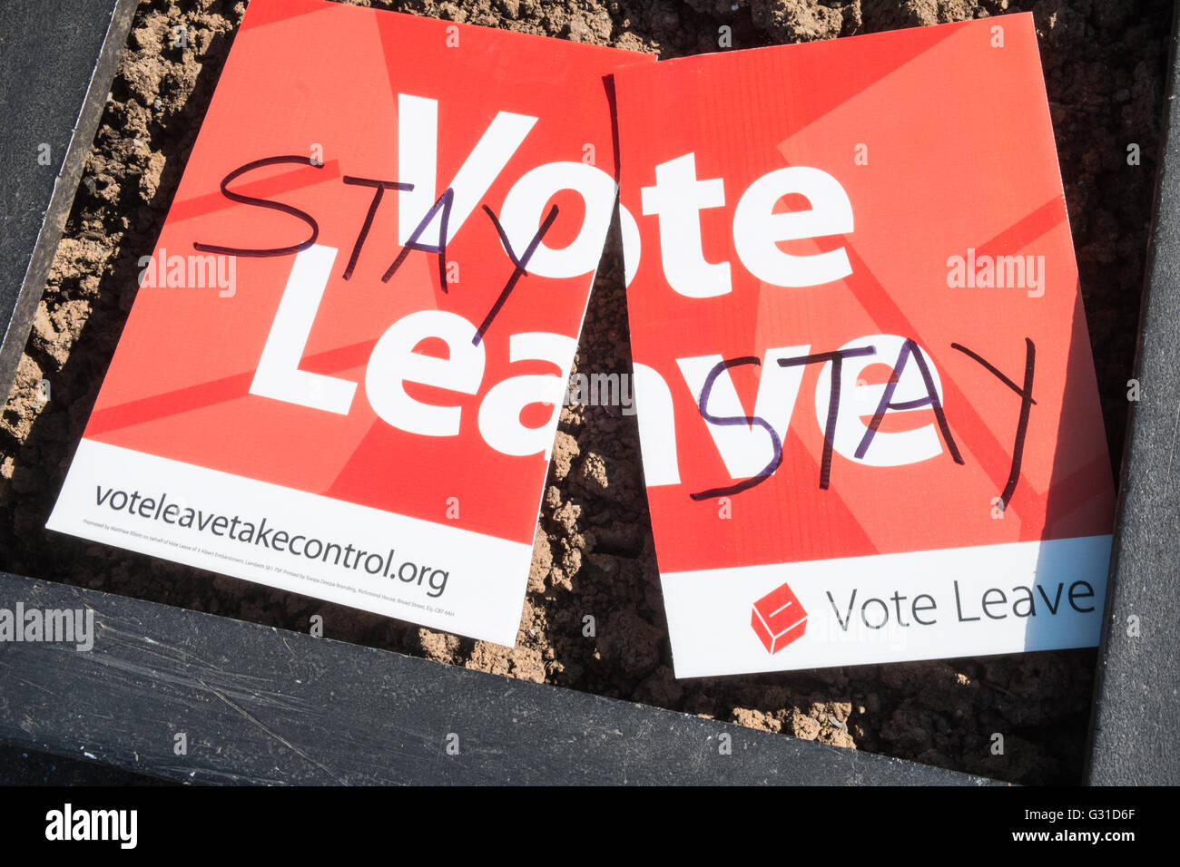 Broken,Vote Leave, poster,sign, with graffiti, stay, placed on it and ...
