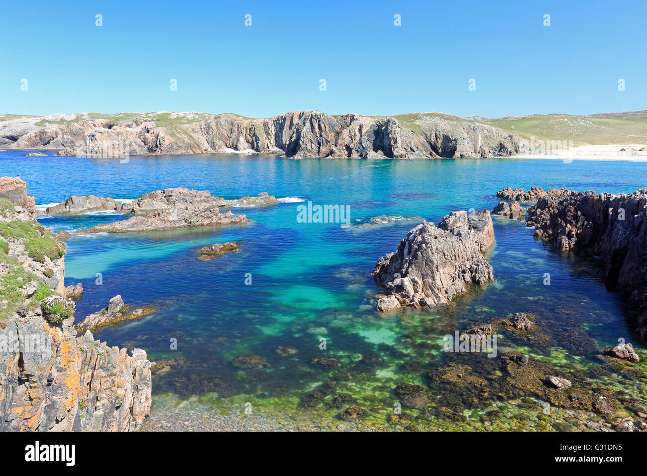 Mangersta Sands on a sunny summers day showing beautiful green and blue ...