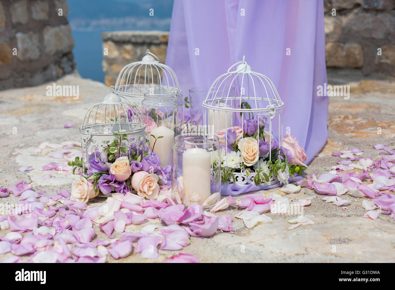 White cage with natural roses as decoration Stock Photo - Alamy