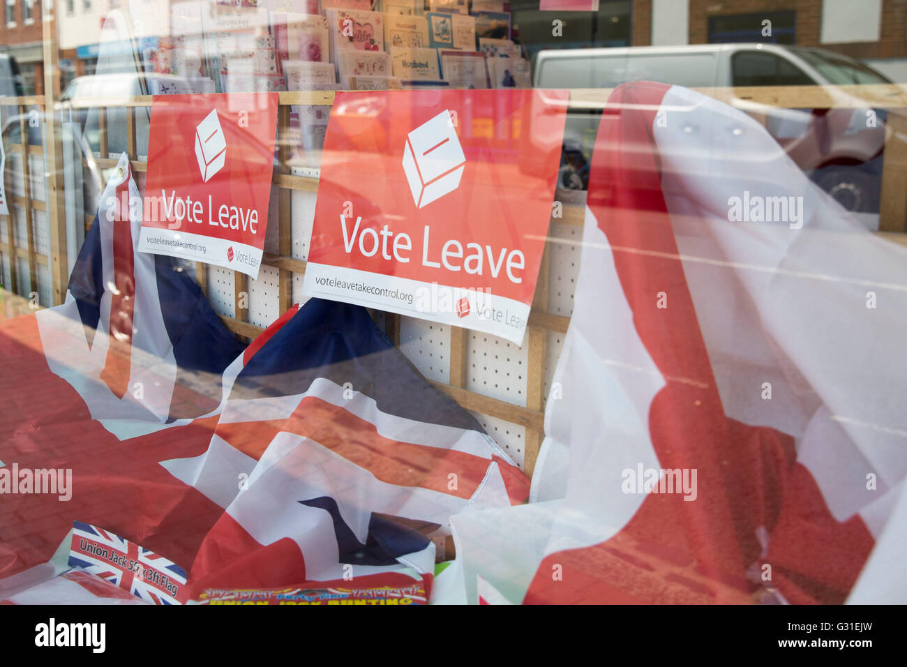 A Vote Leave campaign poster situated inside a shop window in ...