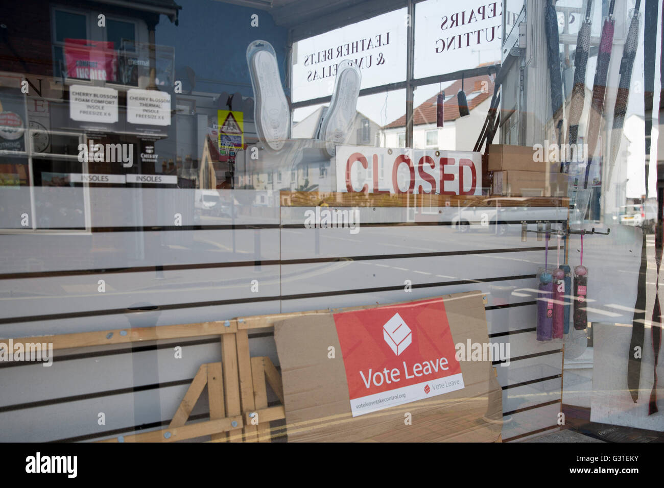 A Vote Leave campaign poster situated inside a shop window in ...