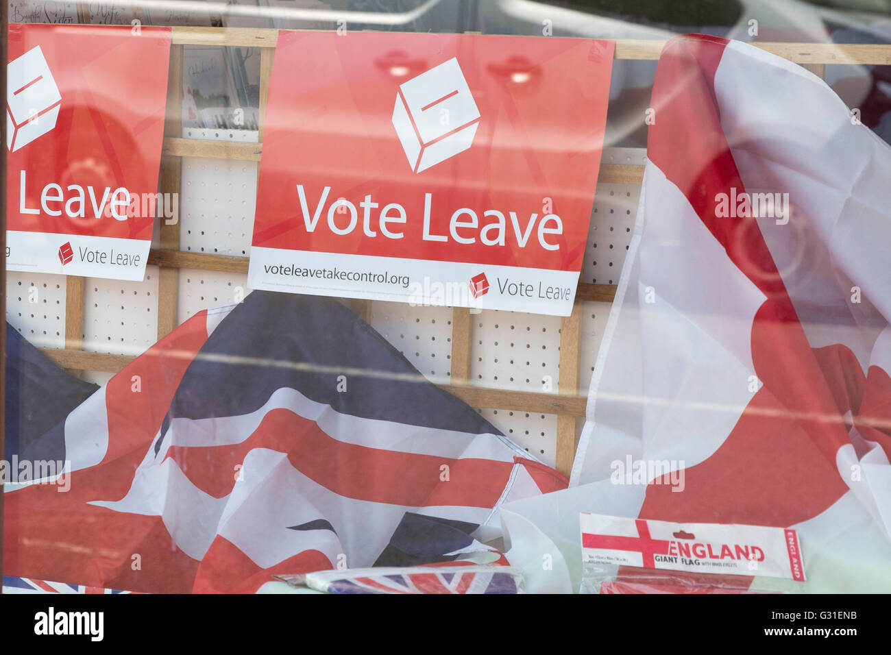 Vote Leave campaign poster inside a shop window Stock Photo - Alamy