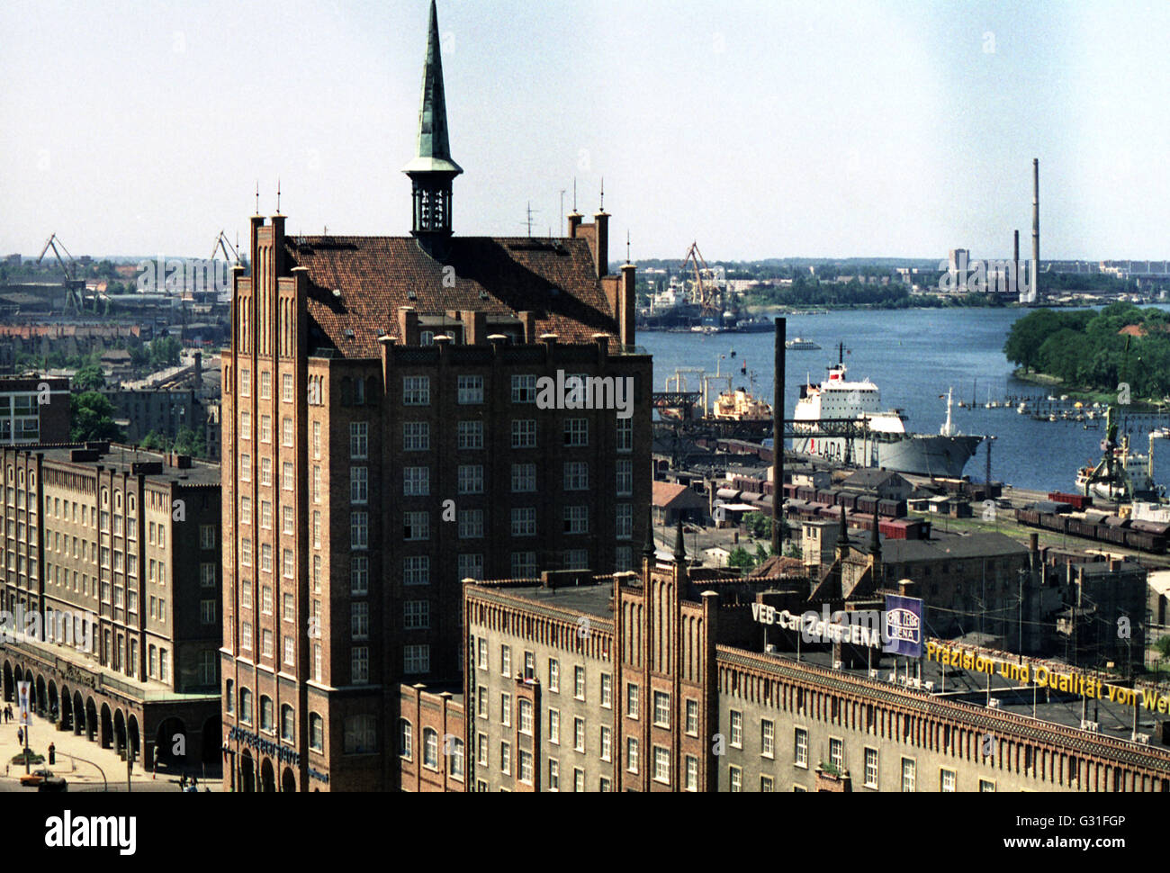 Rostock, DDR, overlooking the Ueberseehafen Rostock at Unterwarnow ...